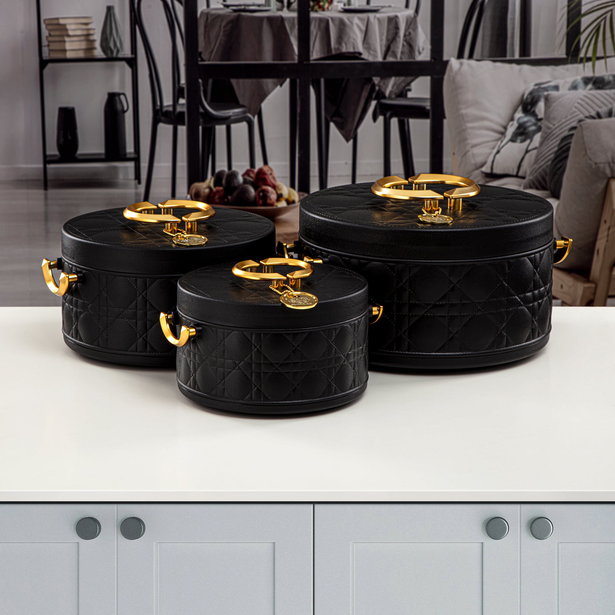 Almarjan 3 Pieces Plastic Hot Pot Set Black & Gold - EJ-100/250/400 BL