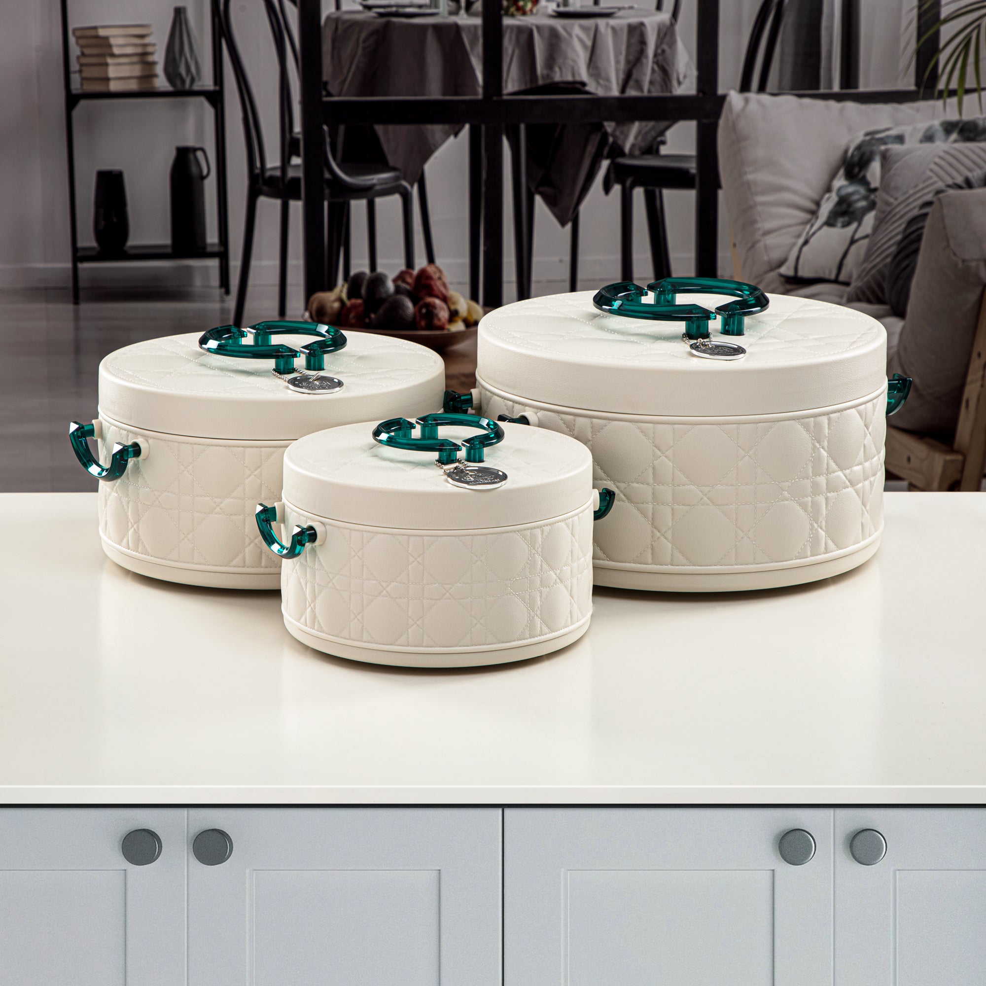 Almarjan 3 Pieces Plastic Hot Pot Set Ivory & Dark Green - EJ-100/250/