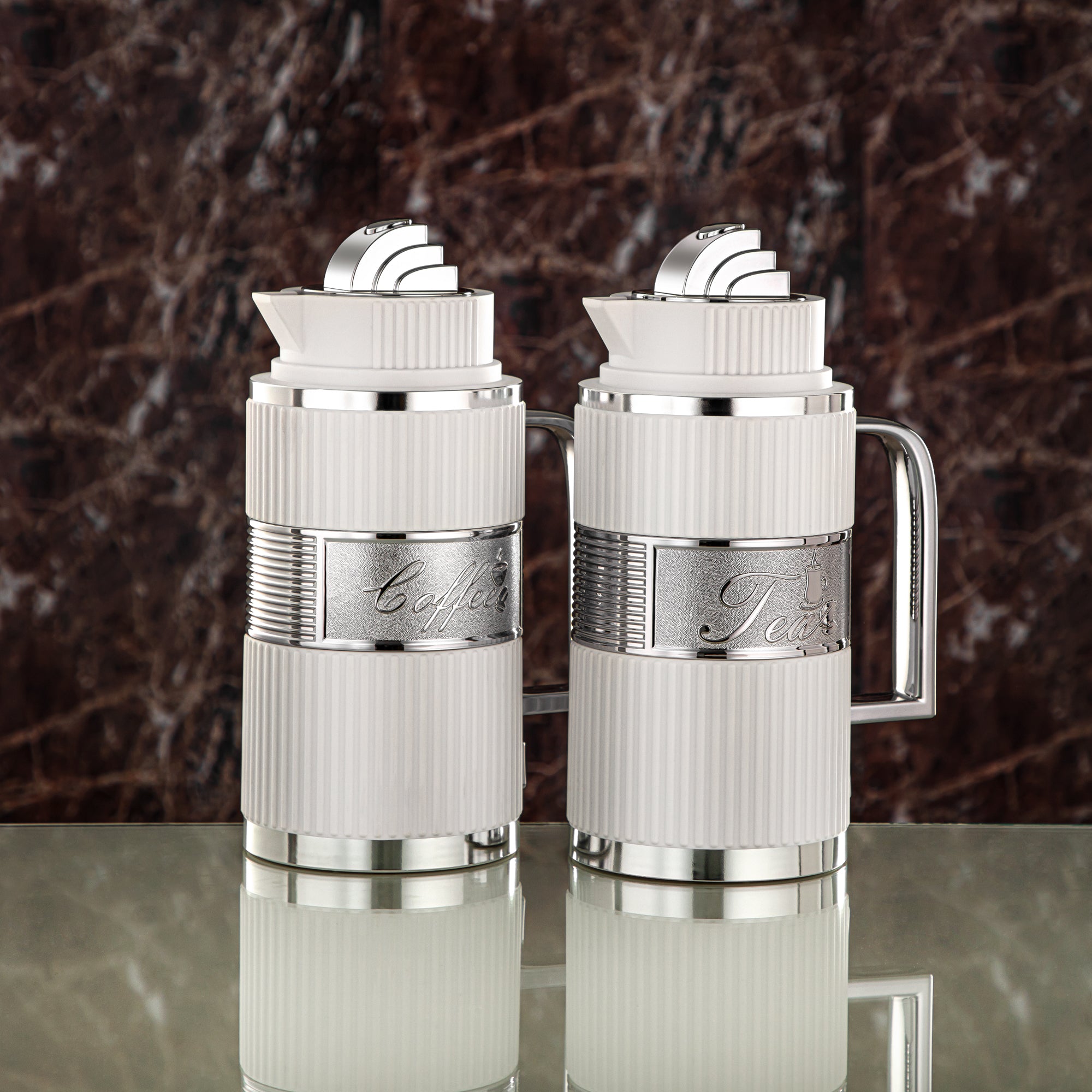 Almarjan Vacuum Flask Set, ABS, Push Button - 1L + 1L, White & Silver